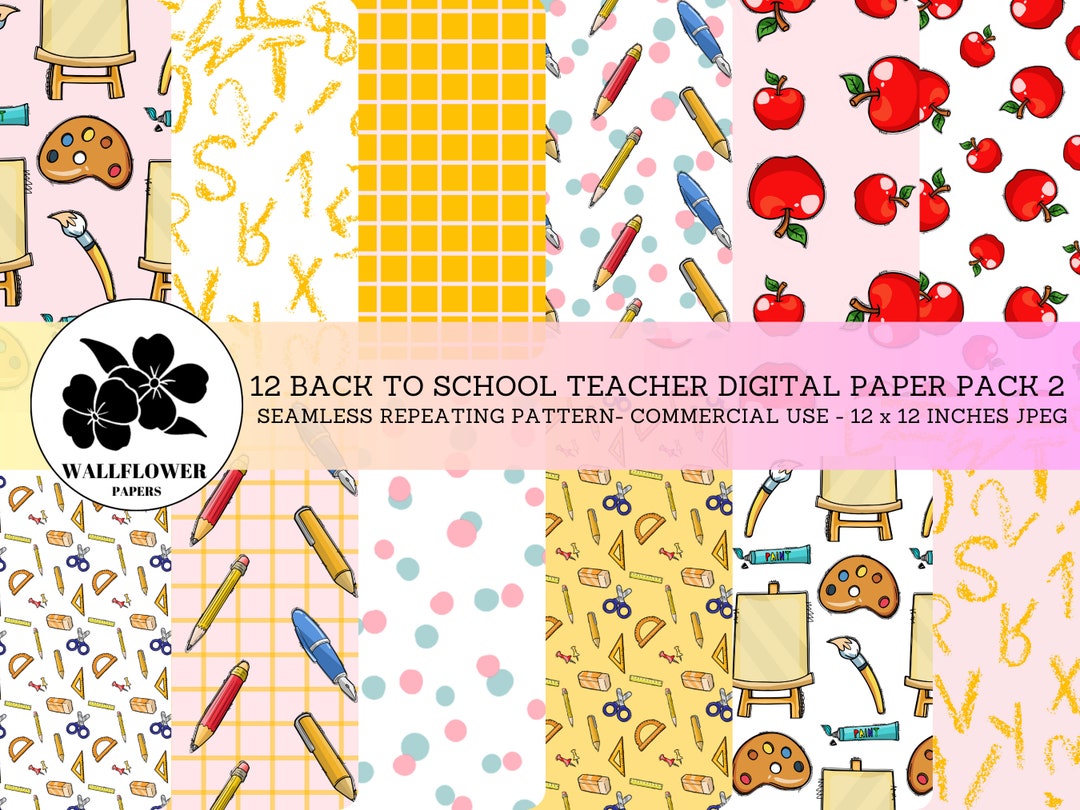Back to School Teacher Seamless Digital Papers 2, Paint Brushes & Chalk ...