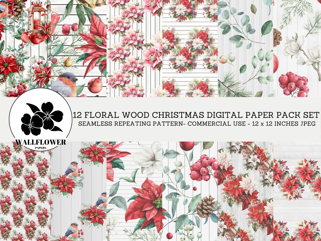 Floral Wood Christmas Seamless Digital Papers, Poinsettias & Birds ...