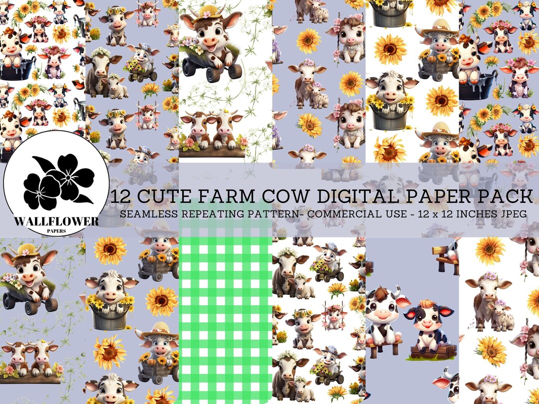 Cute Farm Cow Seamless Digital Papers, Cute Baby Cows, Blue and White ...