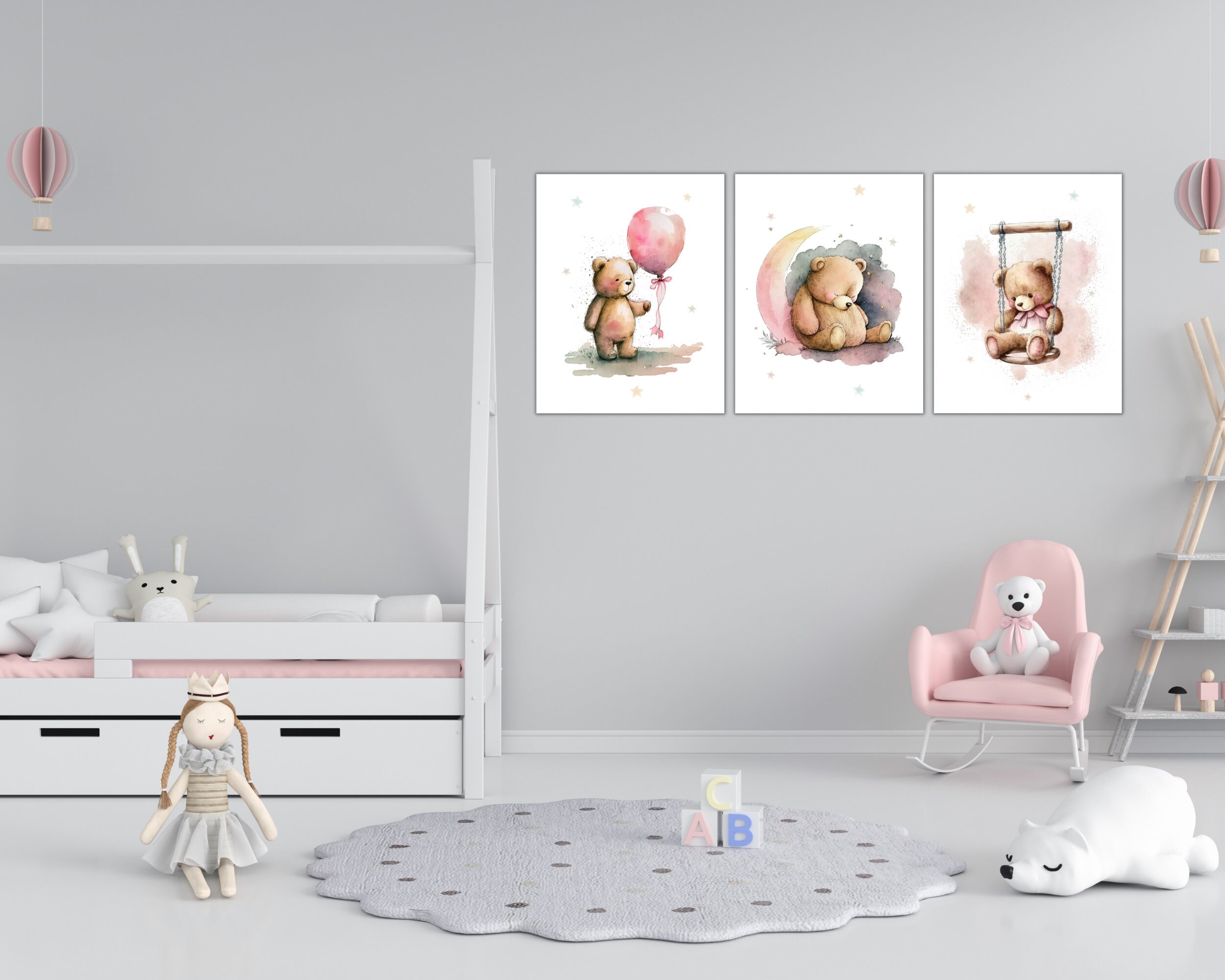 Set of 3 Teddy Bear Print, Balloon Nursery Wall Decor, Bear Nursery ...