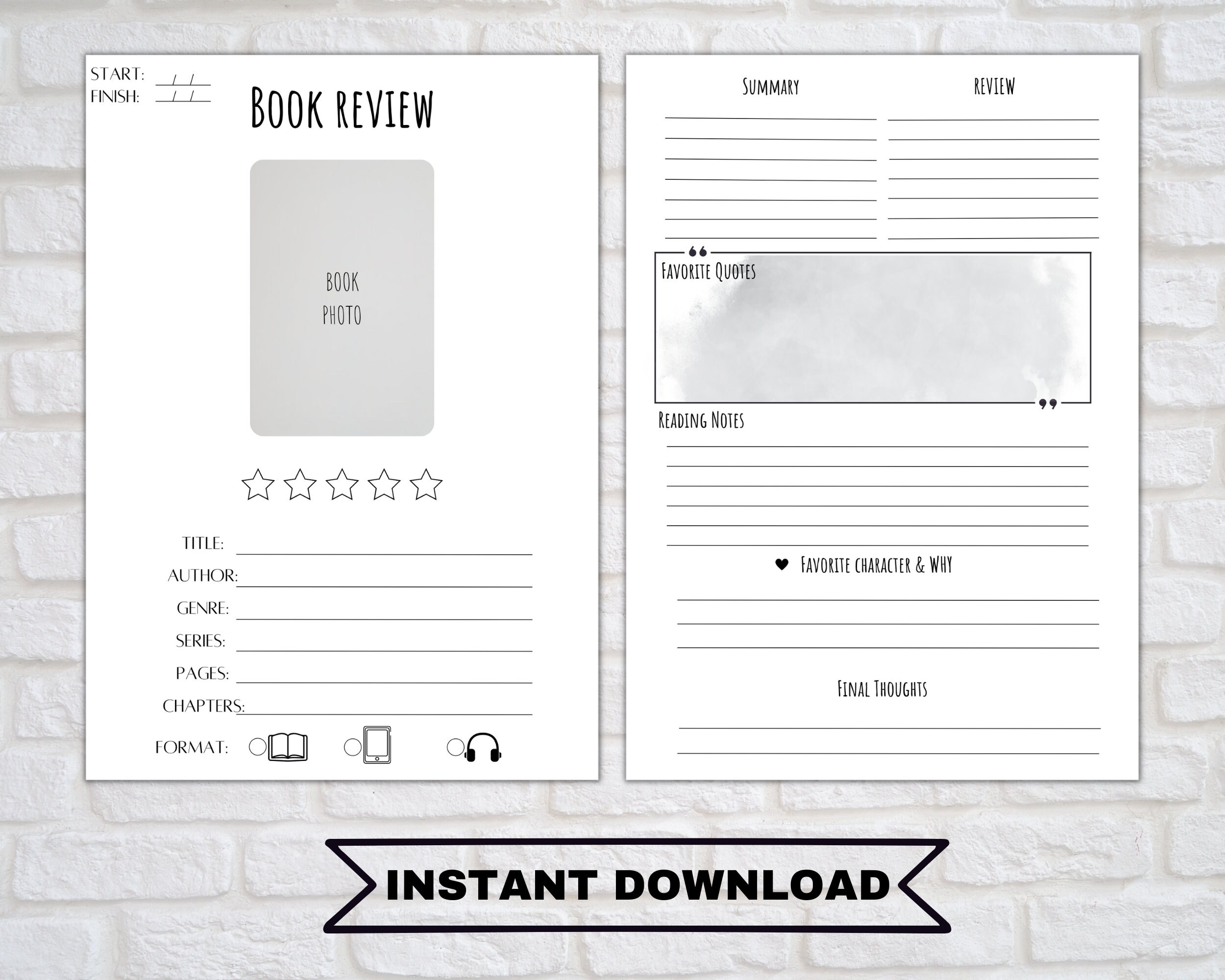 Digital Book Review Template and Reading Journal PDF - Book Reading Log ...