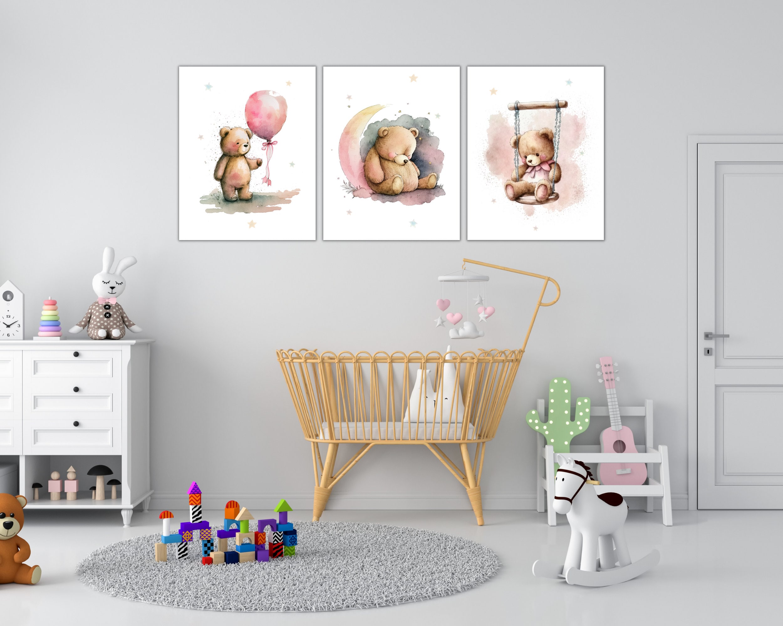 Set of 3 Teddy Bear Print, Balloon Nursery Wall Decor, Bear Nursery ...