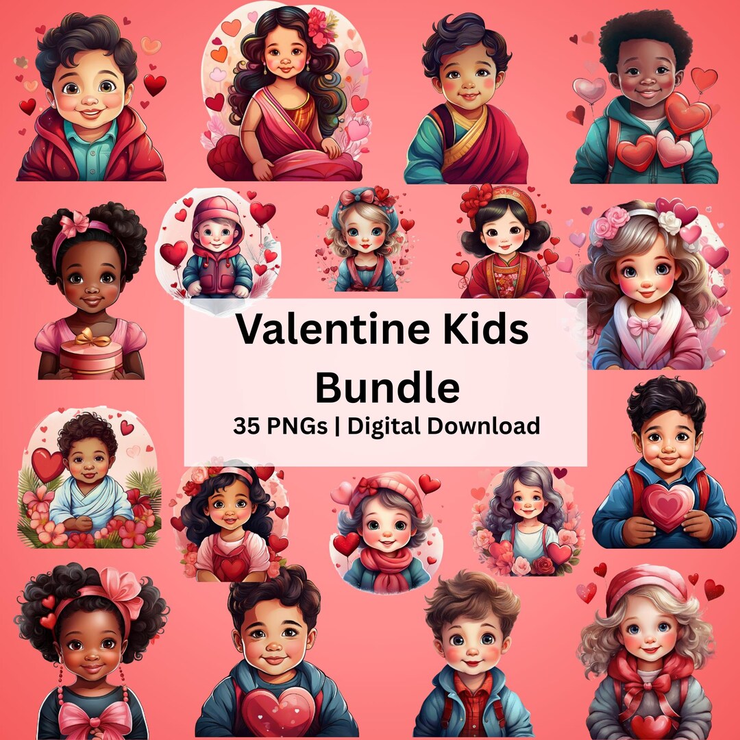 Valentine Kids Clipart Bundle | 35 Charming Pngs | Diverse Children ...