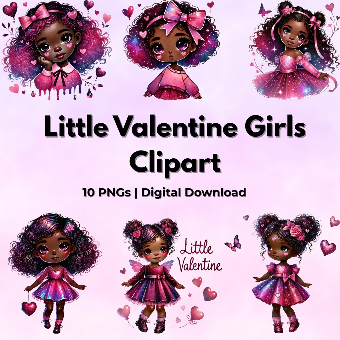Little Valentine Girls Clipart, Black Girl PNG, Cute Valentine Digital ...
