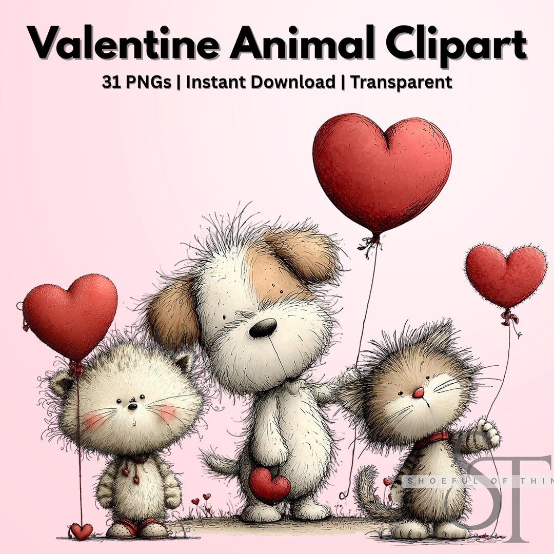 Valentine Animal Clipart Bundle – 31 PNG Files – Cute Whimsical Love ...