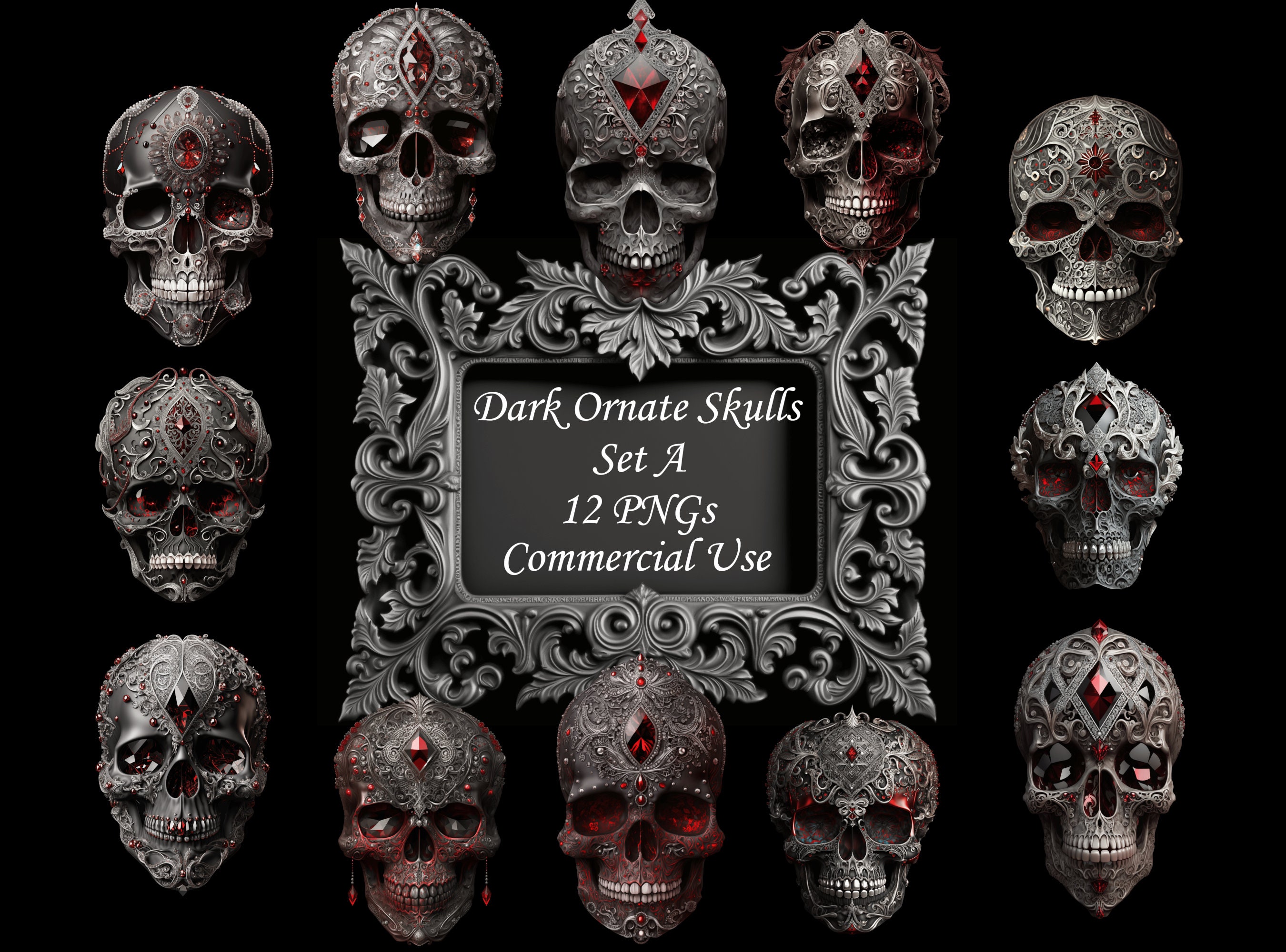 Dark Silver Ornate Skull PNG Clip Art, Printable Skull Scrapbook ...