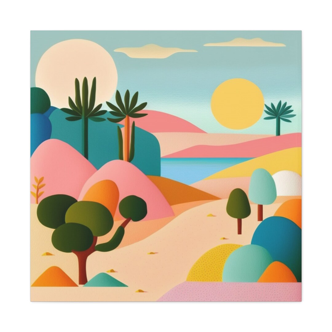 Beach Landscape With Sun Inspired by Tarsila Do Amaral. Wrapped Canvas ...