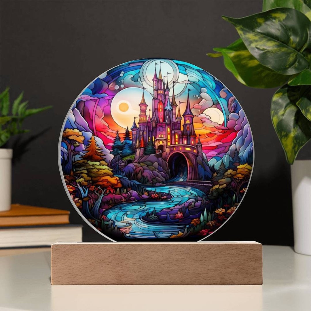 Faux Stained Glass Fantasy Castle Circle Acrylic Plaque, Stained Glass ...