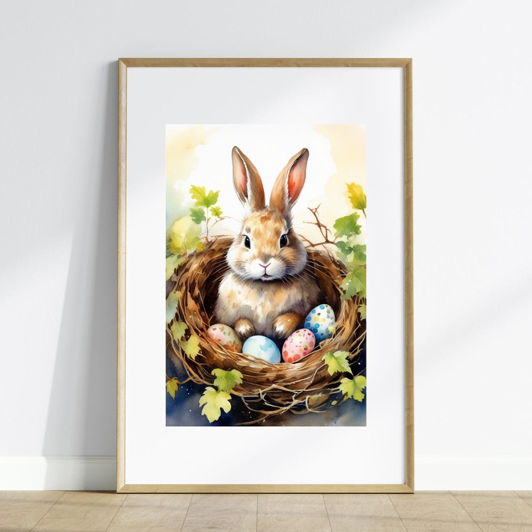 Easter Rabbit PRINTABLE Wall Art, Rabbit in Nest With Eggs, Spring ...