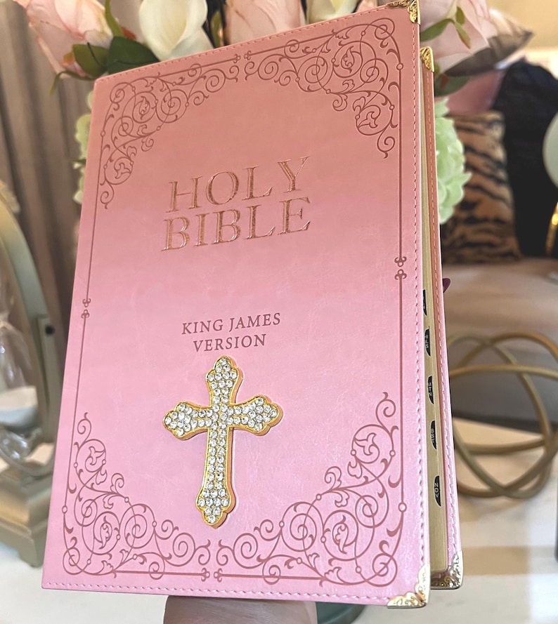 Pink KJV Giant Print Bible Gold Cross Corner Embellishments Christian ...