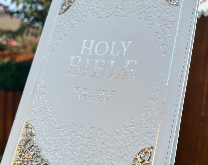 White KJV Bible With Silver Corner Embellishments, Swarovski Crystals ...