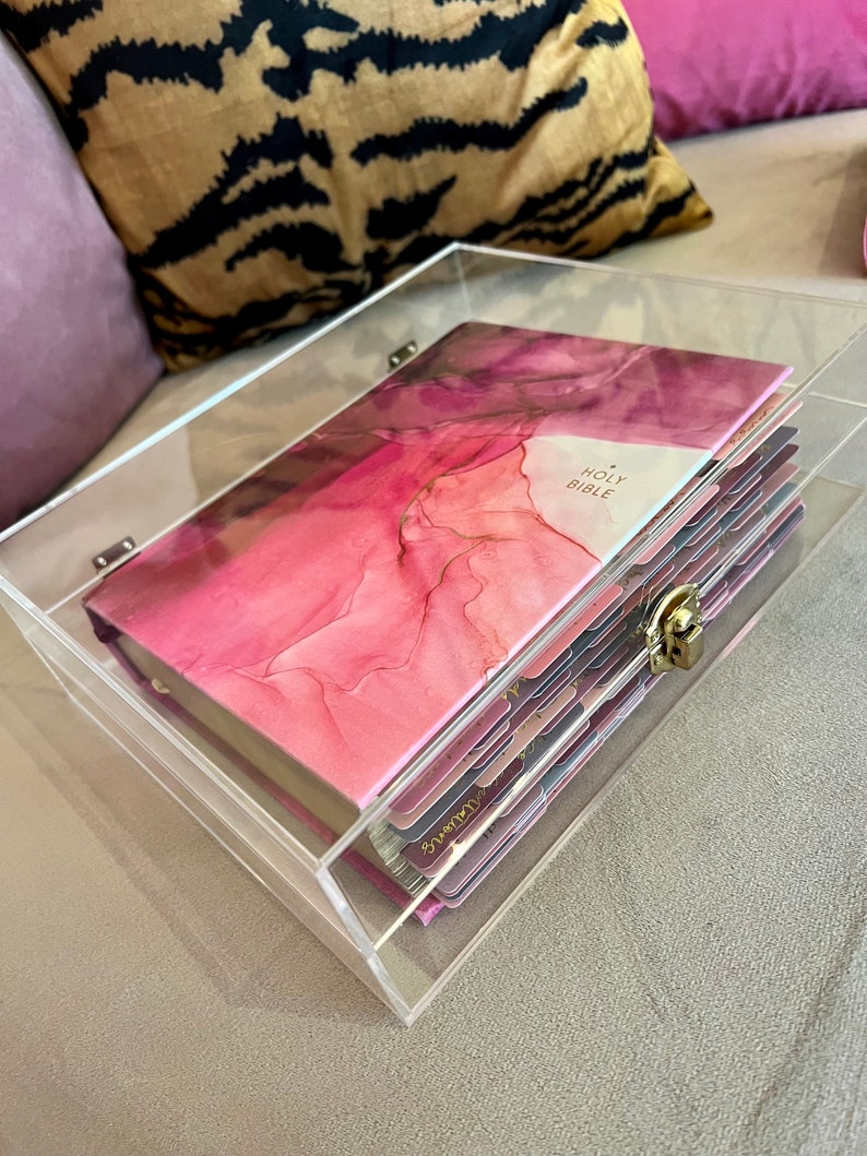 NIV Pink Marble Bible in Acrylic Box With Tabs, Art Gilded Edges, Red ...