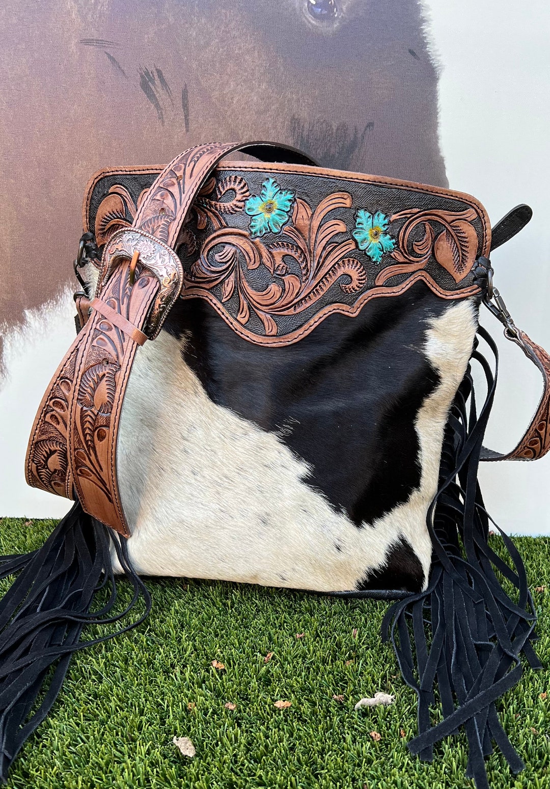 Cowhide Crossbody Purse Handbag Western Bag With Fringe and Western ...