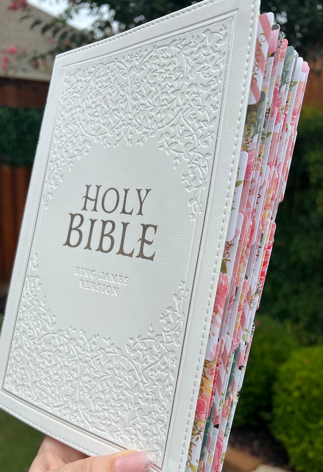 Gorgeous White KJV Holy Bible With Floral Tabs , Thinline Large Print ...