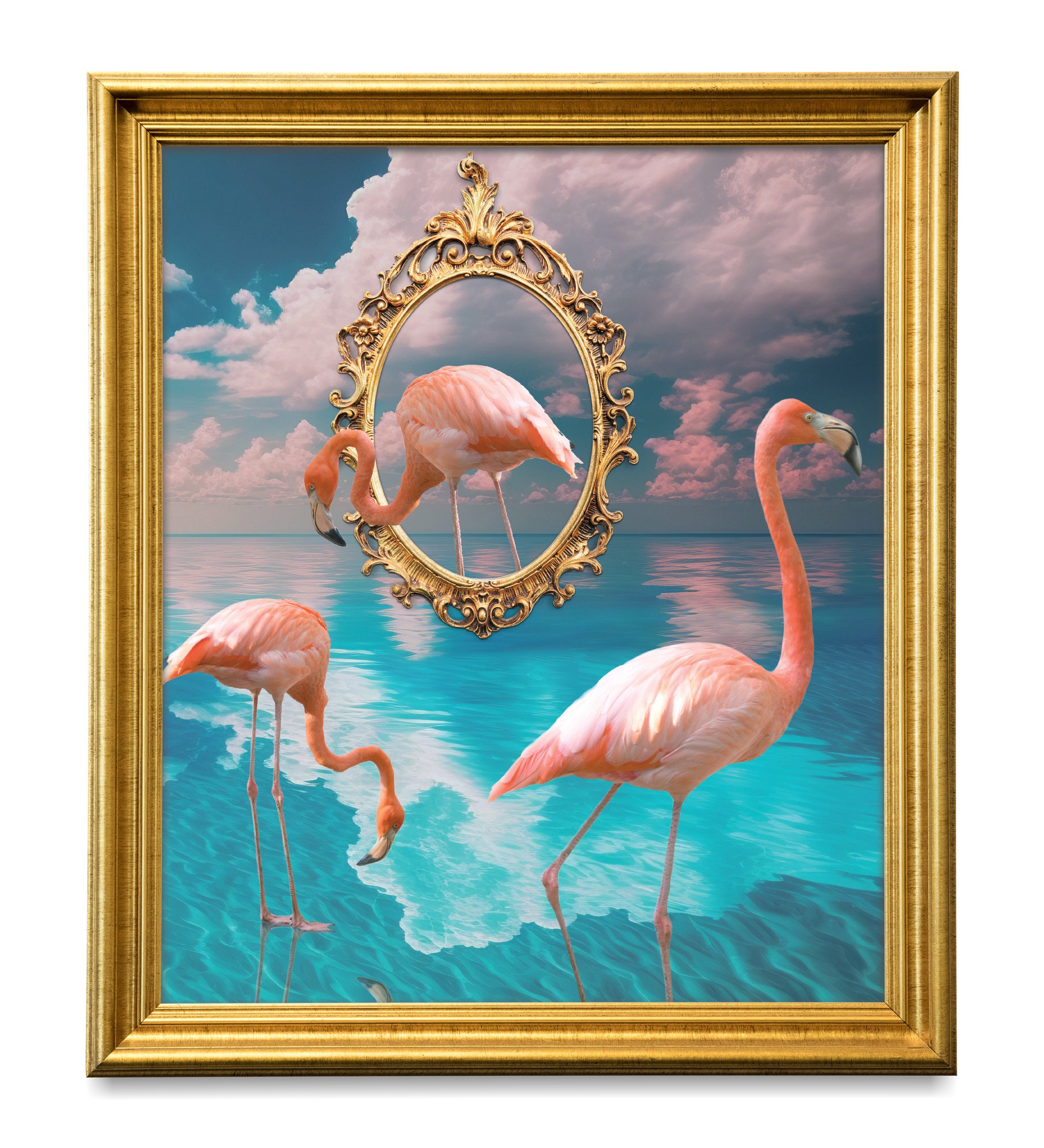 Flamingo Party Whimsical Collage Art Flamingos Pink Gold Beach Sky ...