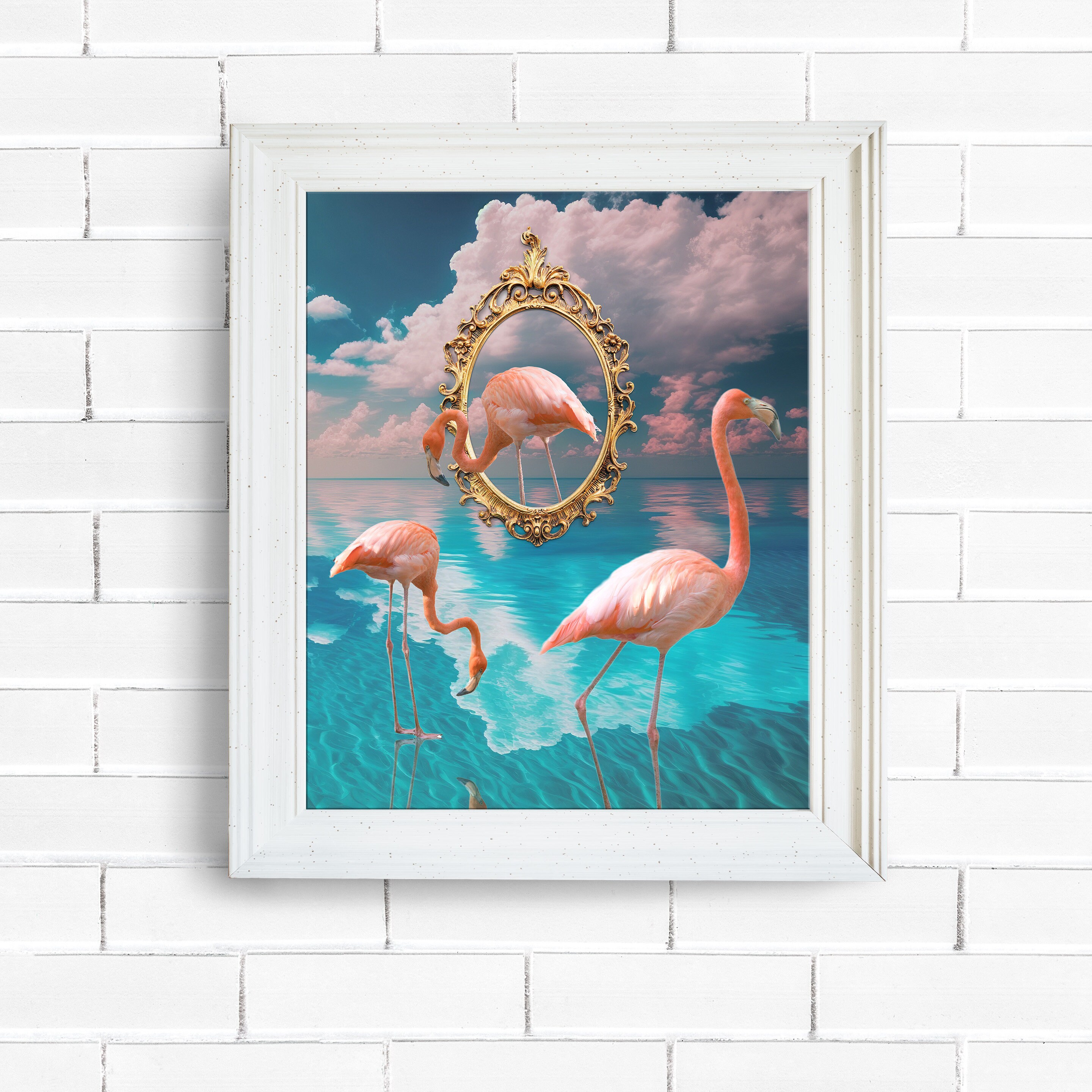 Flamingo Party Whimsical Collage Art Flamingos Pink Gold Beach Sky ...