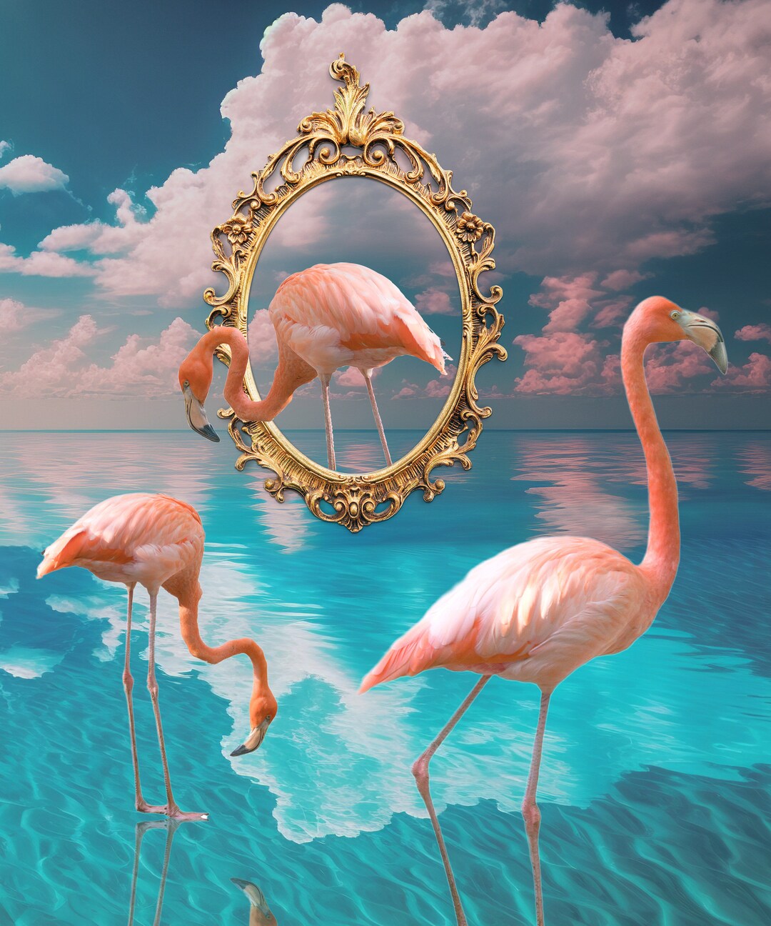 Flamingo Party Whimsical Collage Art Flamingos Pink Gold Beach Sky ...
