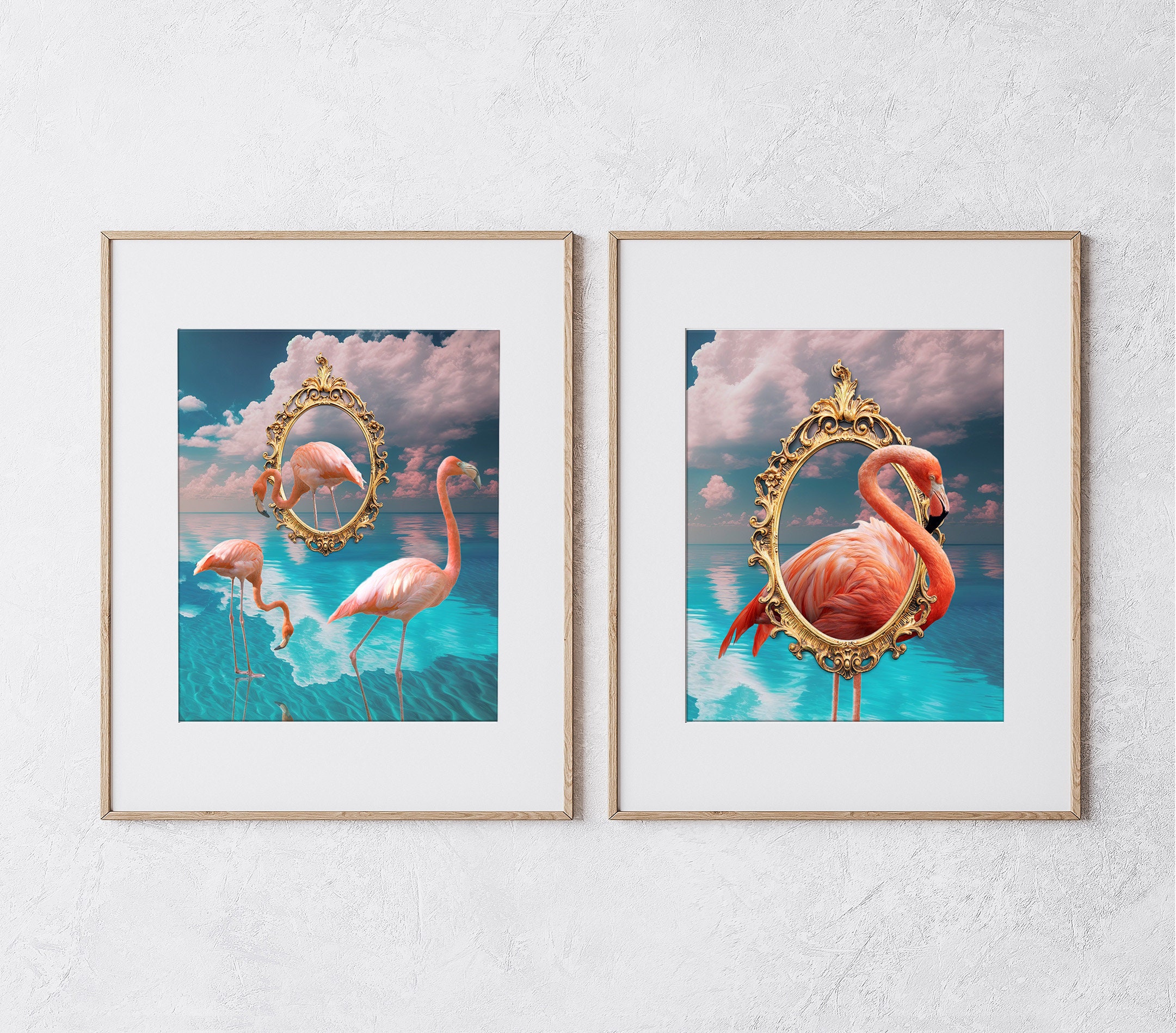 Flamingo Party Whimsical Collage Art Flamingos Pink Gold Beach Sky ...