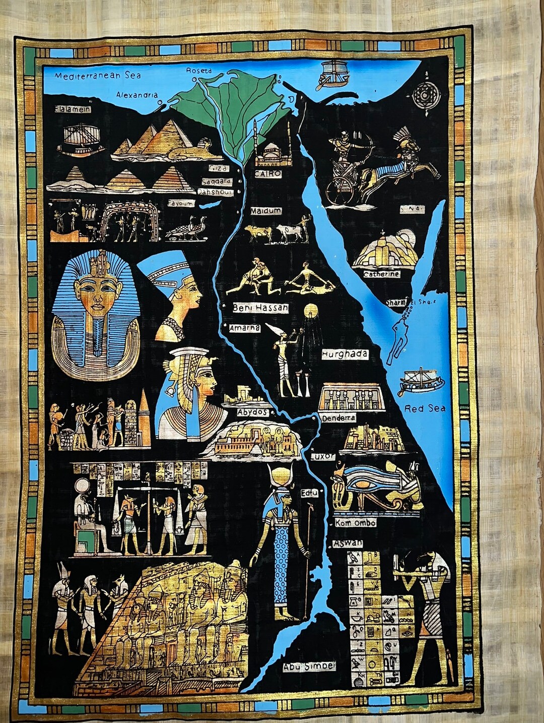 Egypt Map Large – Ancient Egypt - Vintage Authentic Hand Painted ...