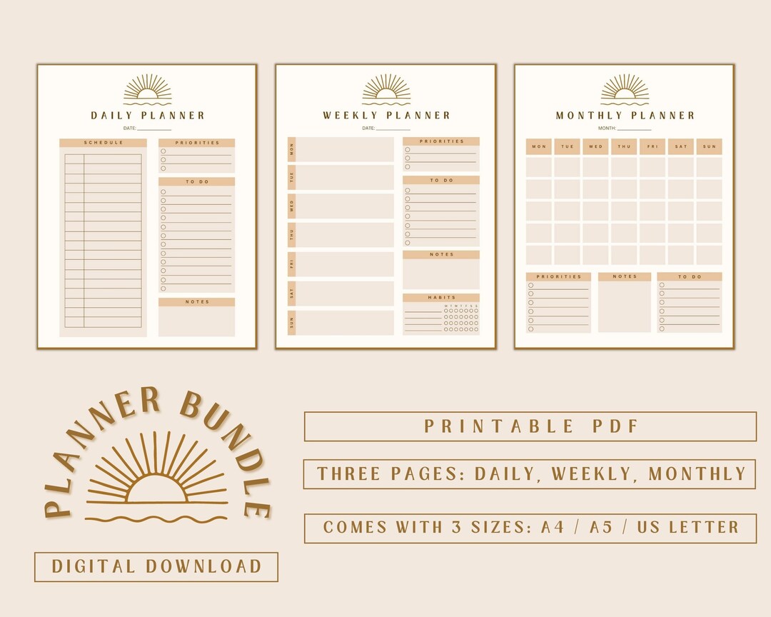 Sun Planner Bundle, Printable Planner Bundle Day Week Month, Digital ...