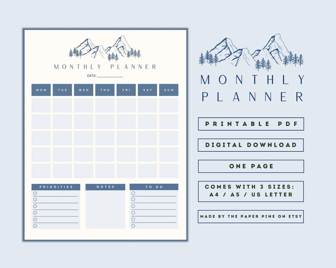 Mountain Monthly Planner, Printable Monthly Planner, Digital Download ...