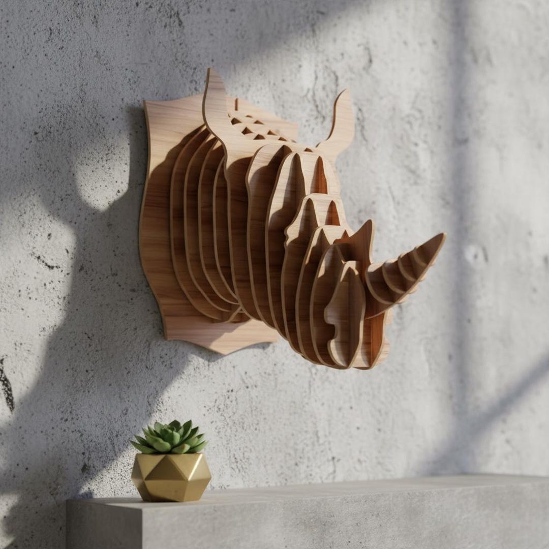 3D Wood Rhino Head Wall Art | Layered Geometric Wildlife Decor | Modern ...