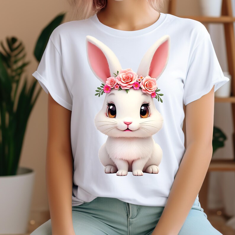 Floral Rabbit Clipart, Cute Bunny PNG, Kawaii Animal Sublimation Design ...