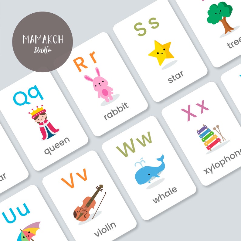 Printable Alphabet Flash Cards 3.5” X 5” Colorful Cute Illustration ...