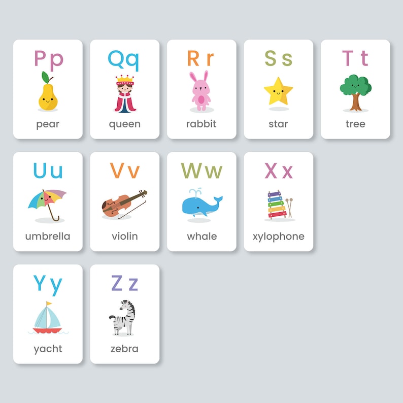 Printable Alphabet Flash Cards 3.5” X 5” Colorful Cute Illustration ...