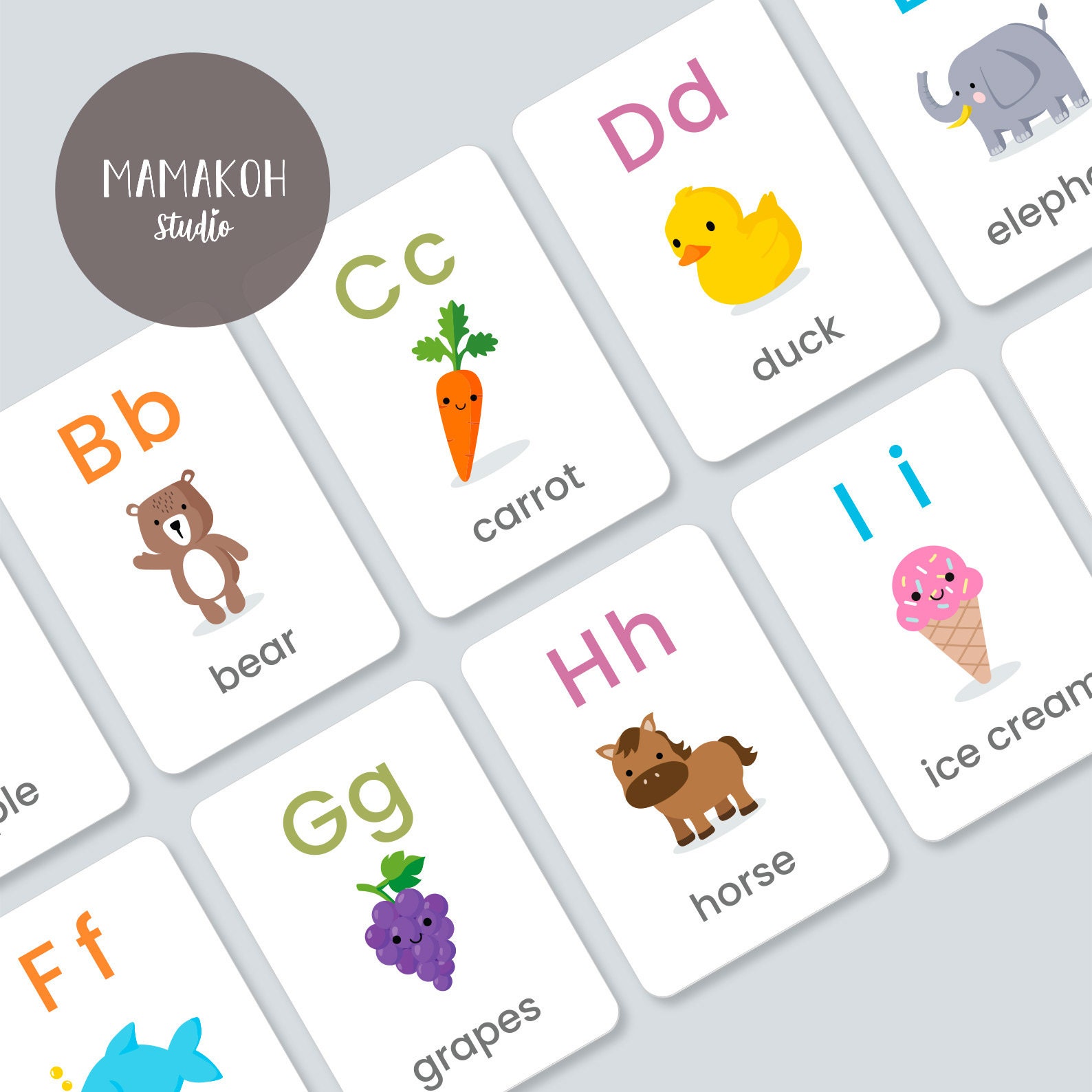 Printable Alphabet Flash Cards 3.5” X 5” Colorful Cute Illustration ...