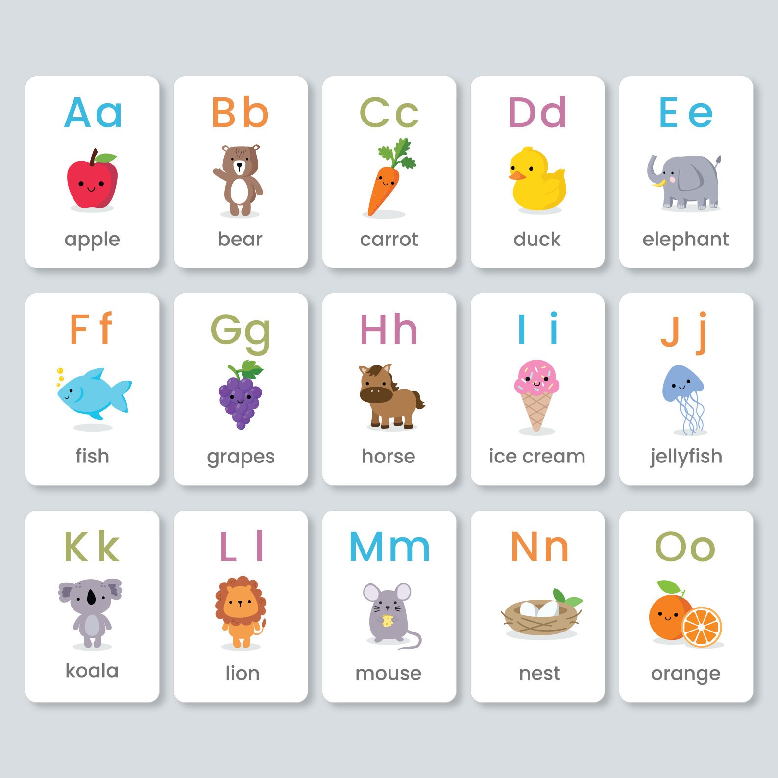 Printable Alphabet Flash Cards 3.5” X 5” Colorful Cute Illustration ...