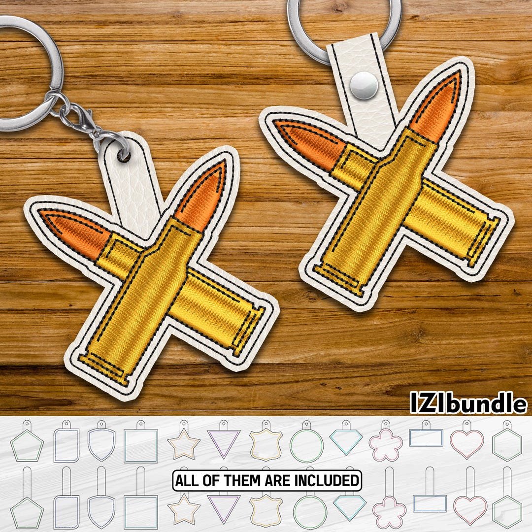 Crossed Bullets Embroidery Keychain Design, Snap & Eyelet Key Fob Tab ...