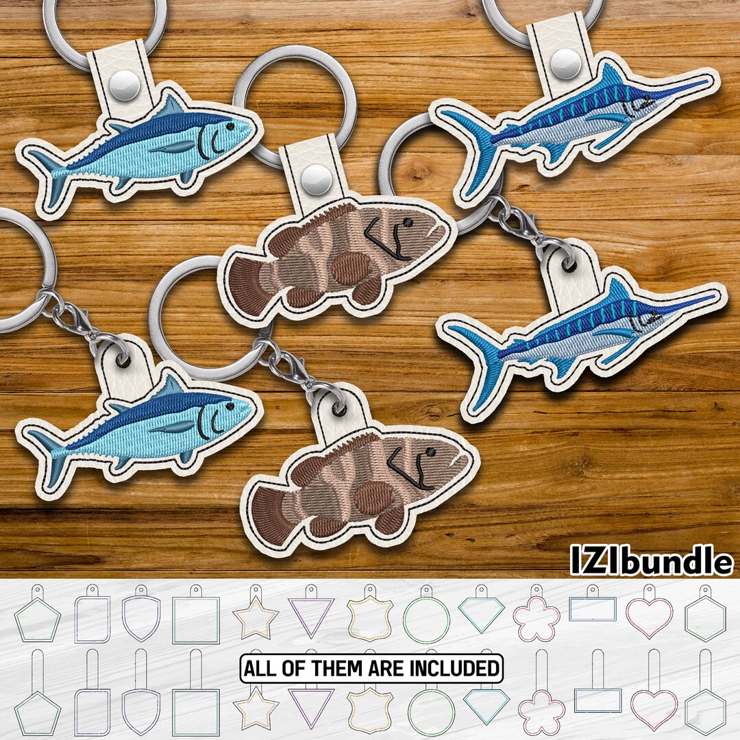 Sea Fish Embroidery Keychain Design, Snap & Eyelet Key Fob Tab (digital ...
