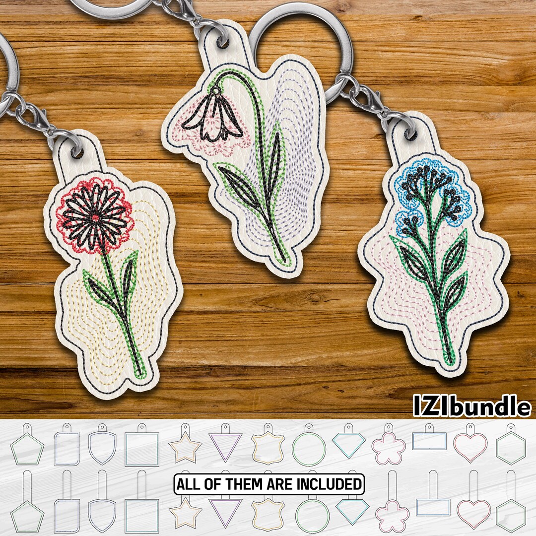 Flowers Embroidery Keychain Design, Eyelet Key Fob Tab (digital ...