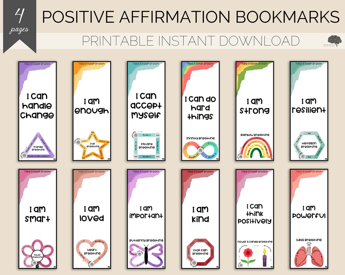Positive Affirmation & Breathing Strategy Bookmarks - Etsy