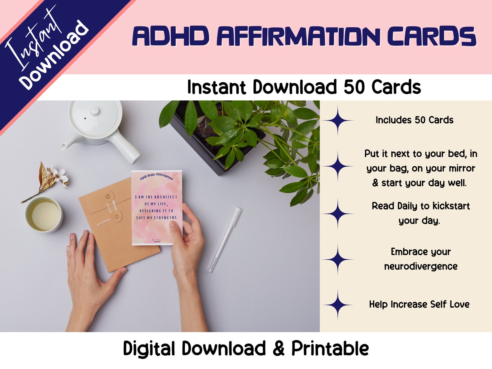 ADHD Brain Affirmation Station Cards, Positive Quote Flash Cards ...