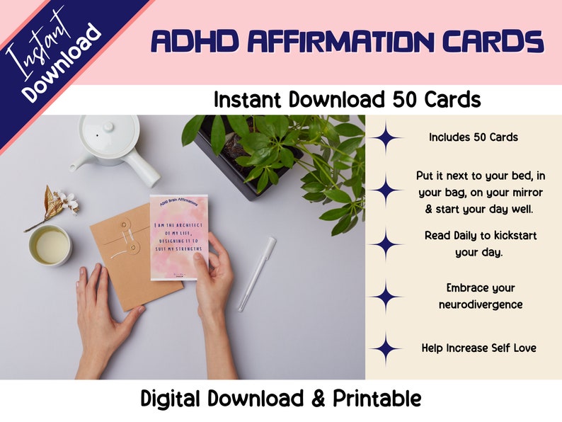 ADHD Brain Affirmation Station Cards, Positive Quote Flash Cards ...