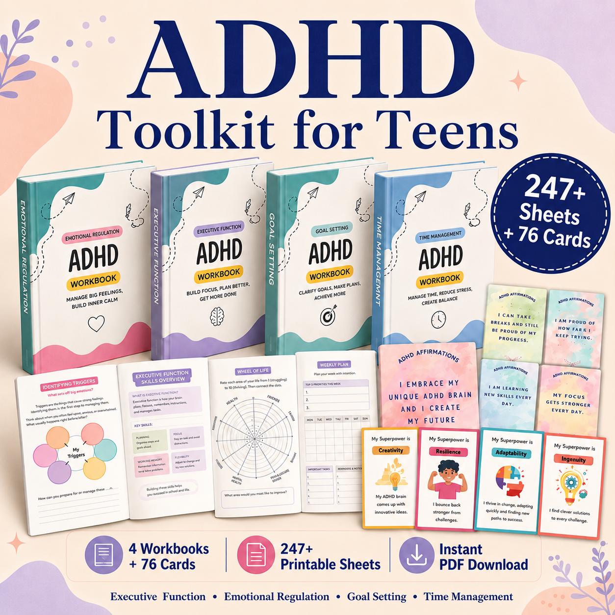 ADHD Toolkit for Teens, 4 Workbooks + 76 Cards, Executive Functioning ...