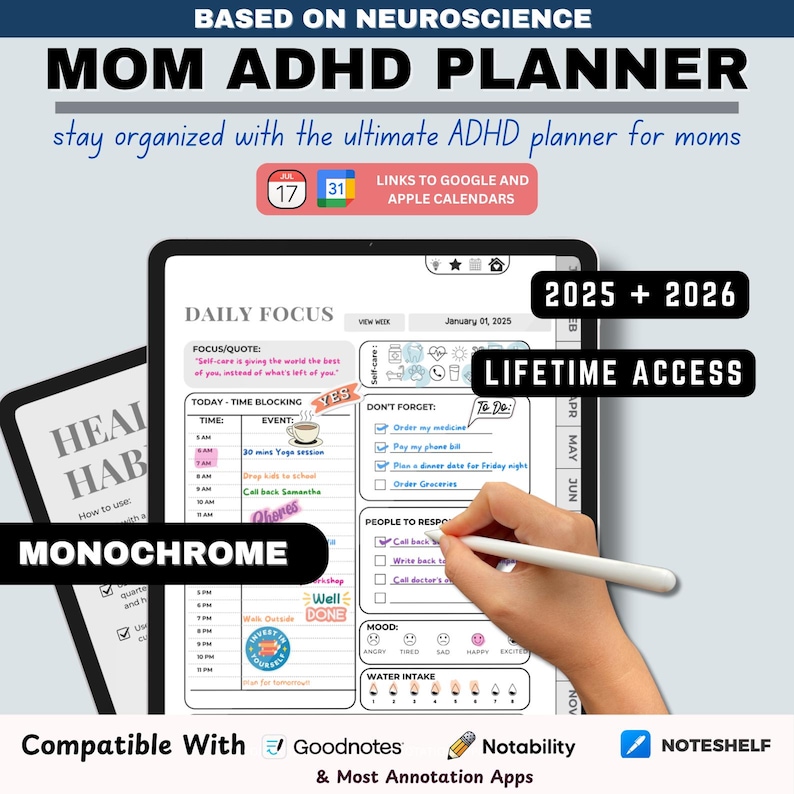 2026 Mom ADHD Digital Planner(monochrome): Weekly, Daily, Habit Tracker ...