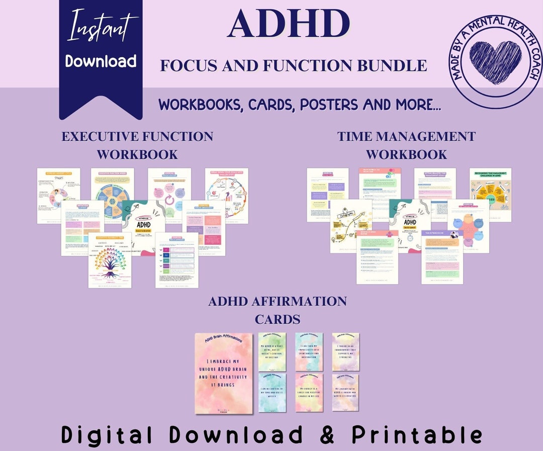 ADHD Workbook Bundle for Teens and Adult Mental Health, Time Management ...