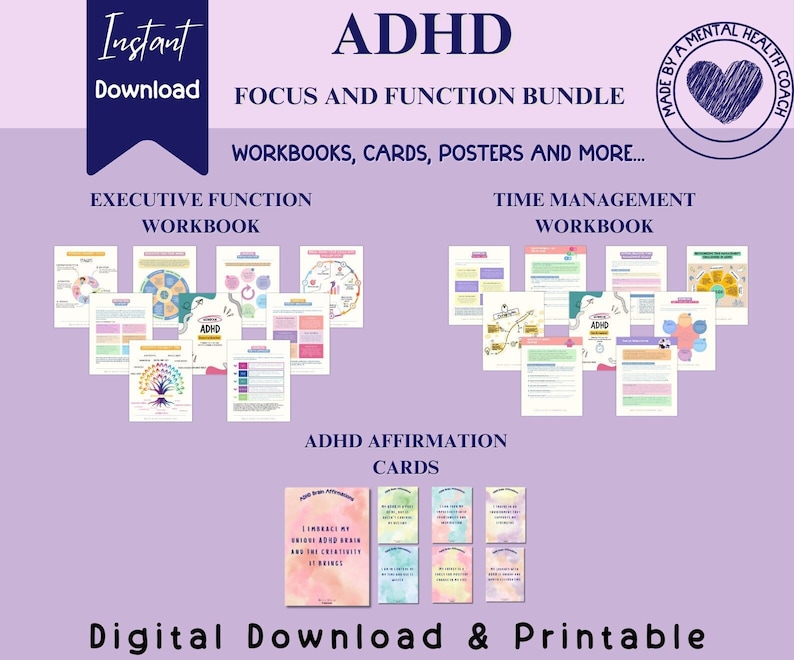 ADHD Workbook Bundle for Teens and Adult Mental Health, Time Management ...