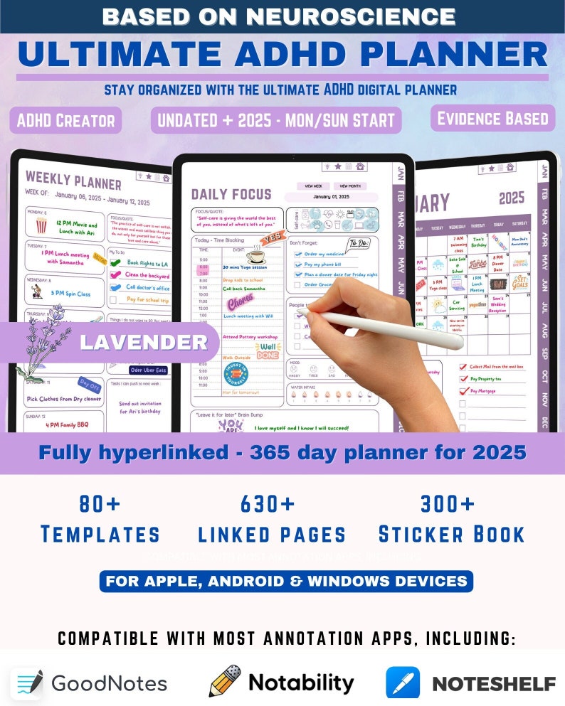 2025 Undated ADHD Goodnotes Planner, Daily & Weekly Planner, Monthly ...