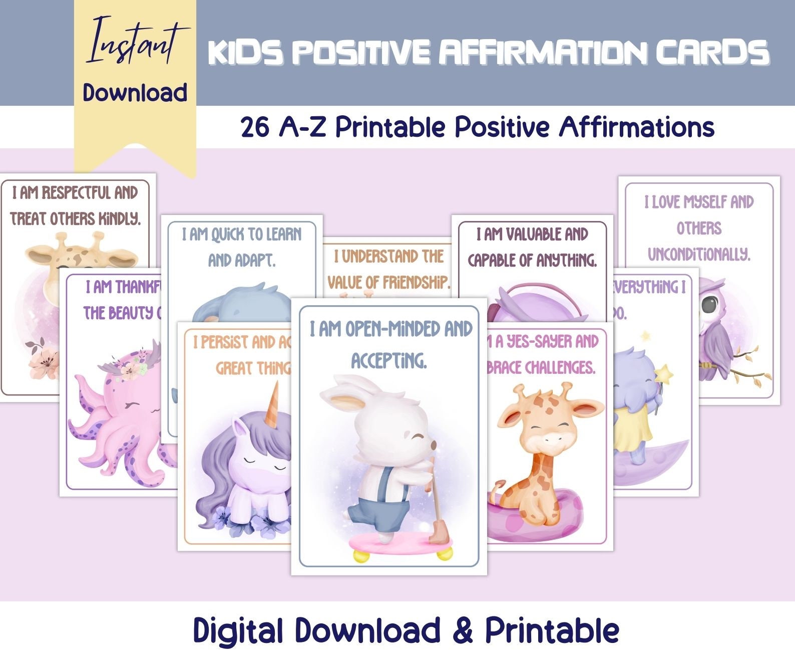 Animal Affirmation Cards for Kids: 26 A-Z Printable (digital Download ...
