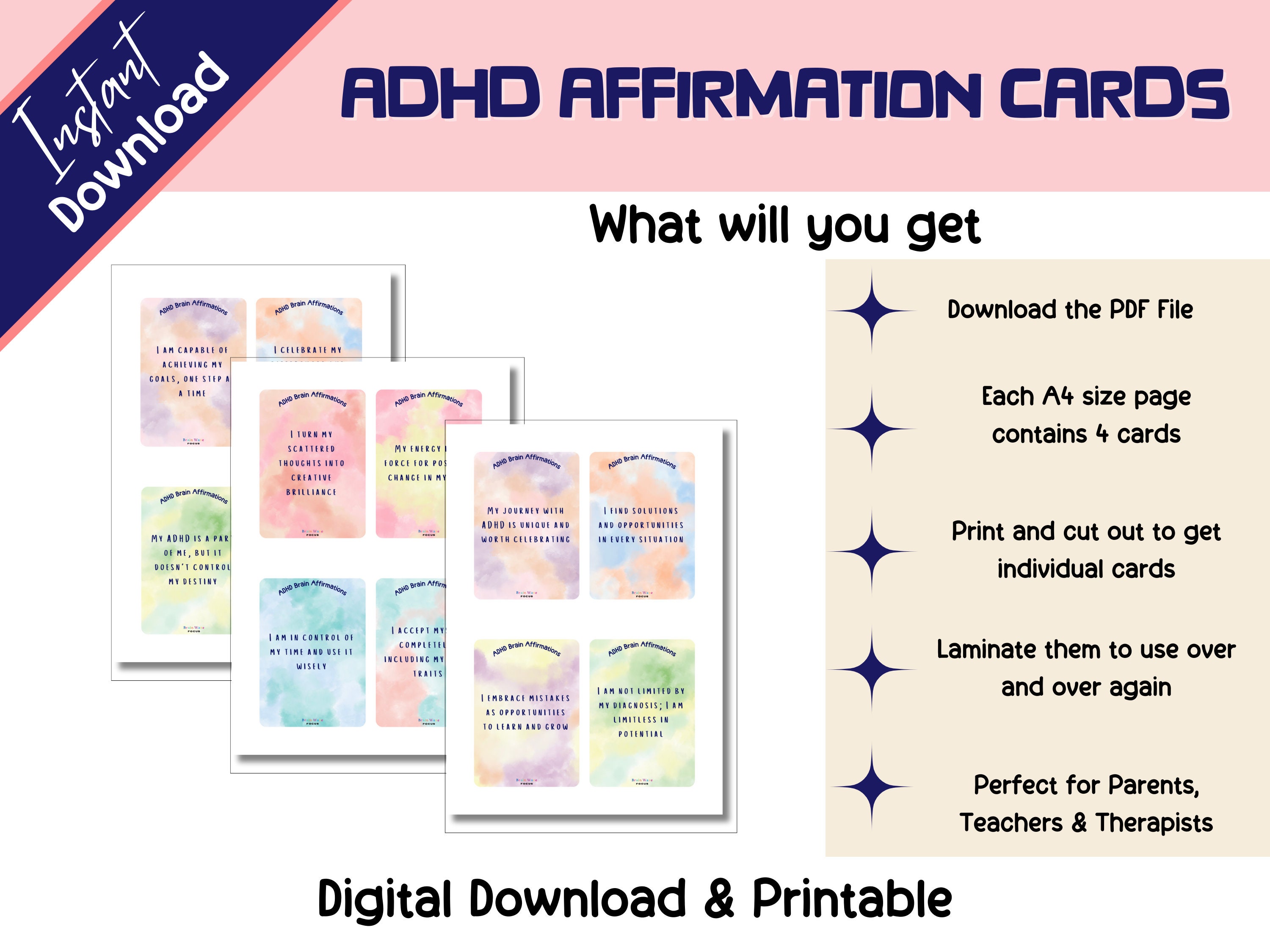 ADHD Brain Affirmation Station Cards, Positive Quote Flash Cards ...