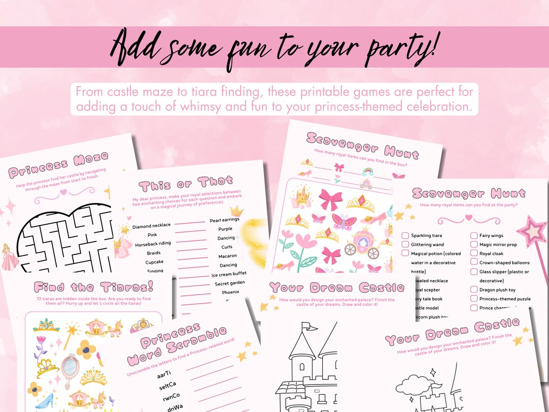 Pink Princess Birthday Party Printable Game Bundle 13 Fun Activities ...