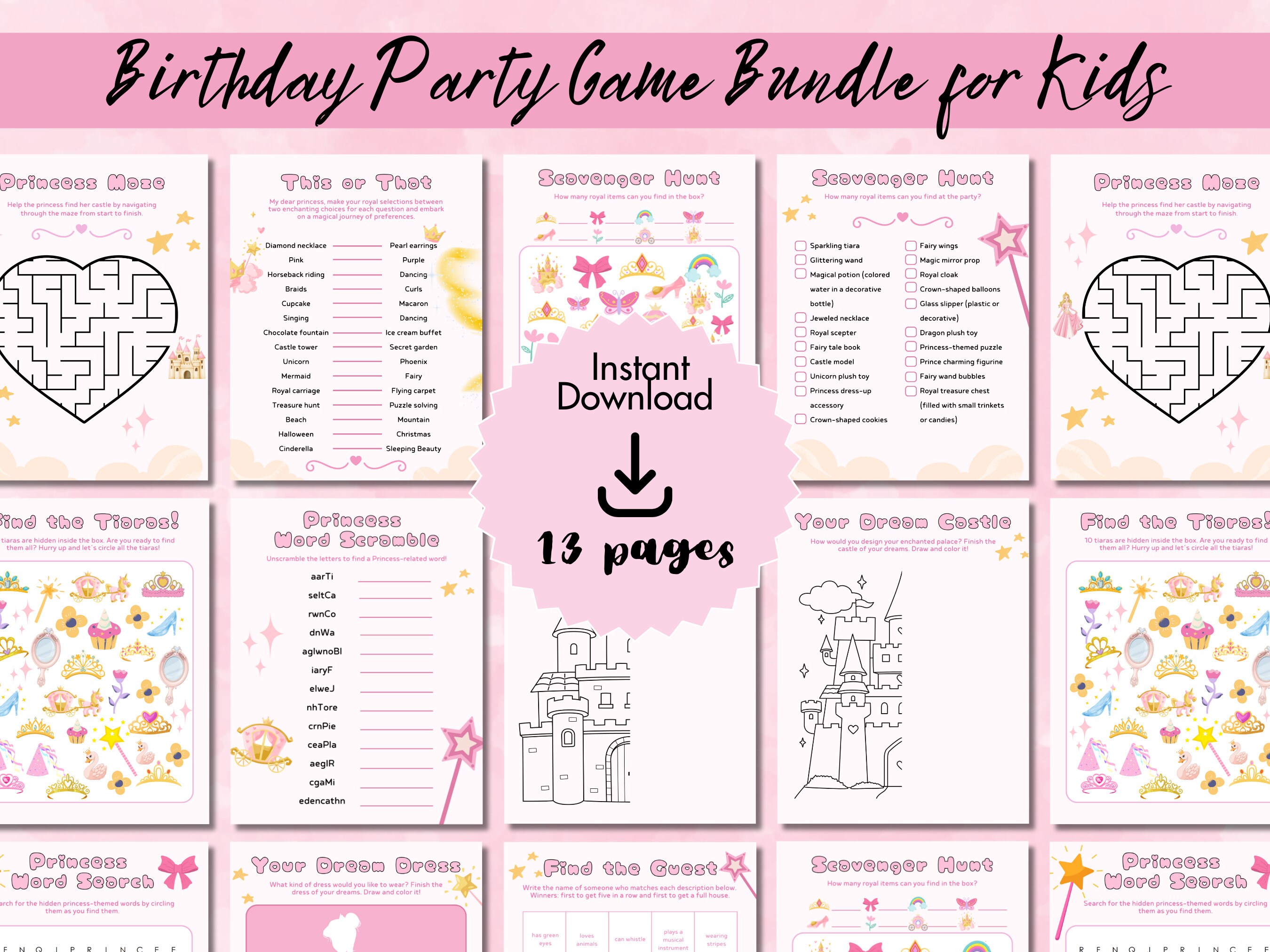 Pink Princess Birthday Party Printable Game Bundle 13 Fun Activities ...