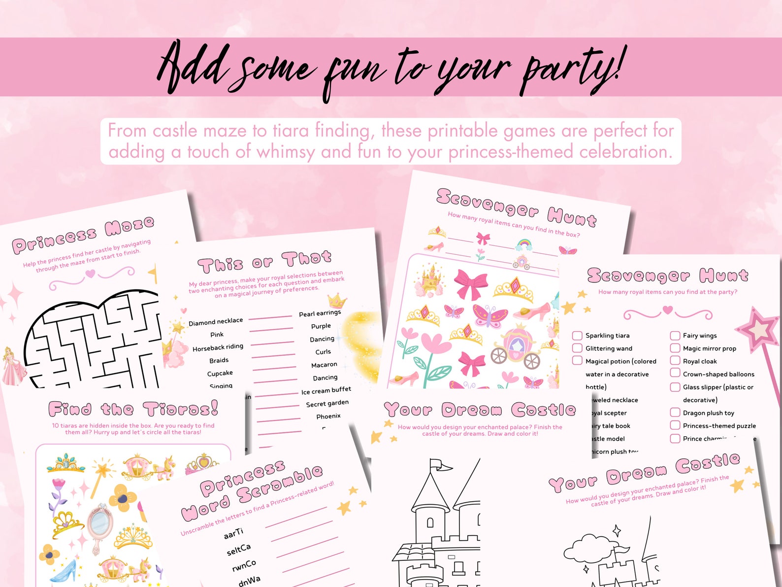 Pink Princess Birthday Party Printable Game Bundle 13 Fun Activities ...