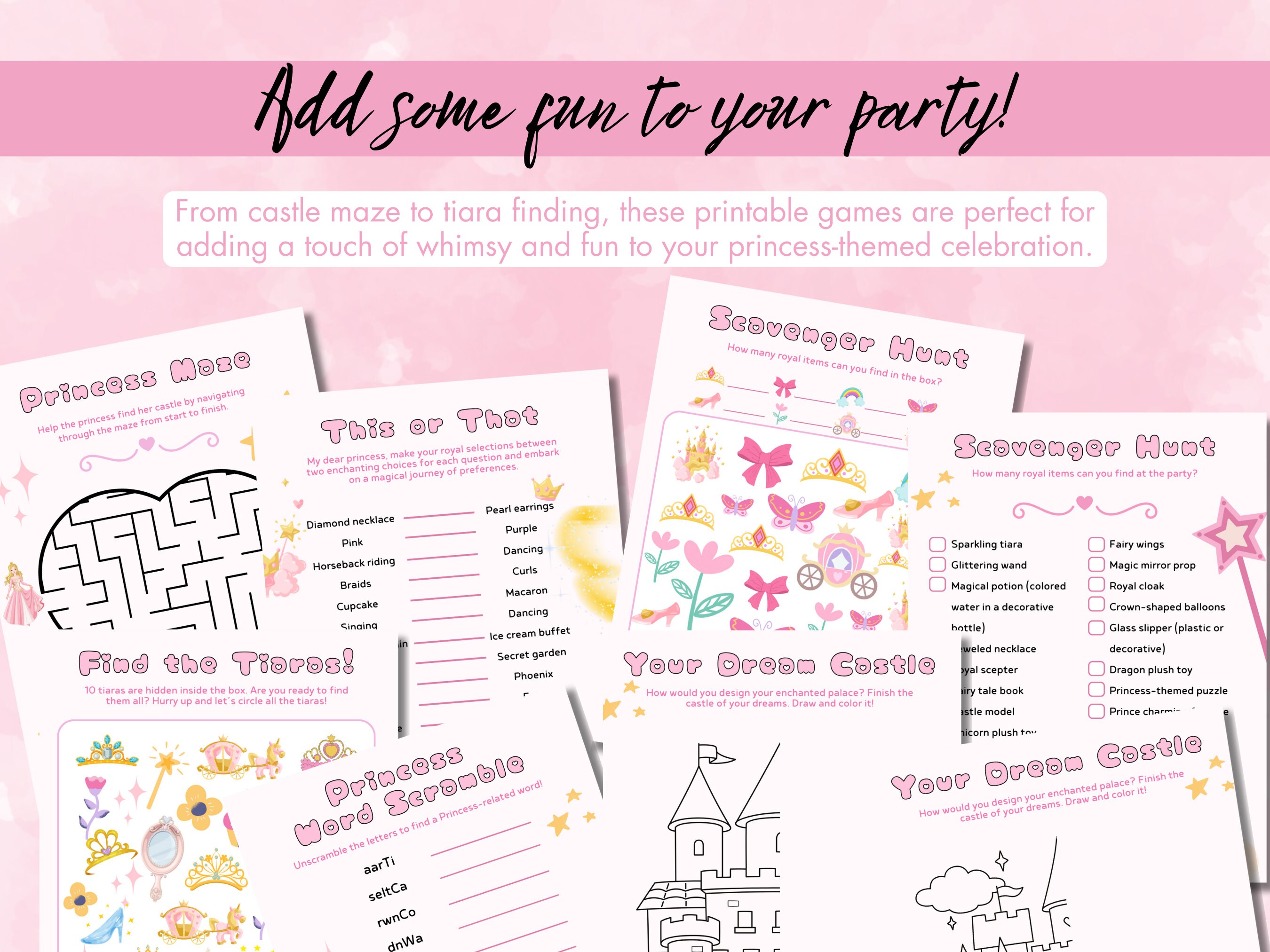Pink Princess Birthday Party Printable Game Bundle 13 Fun Activities ...