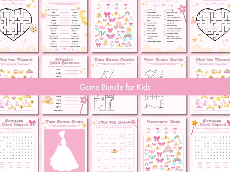 Pink Princess Birthday Party Printable Game Bundle 13 Fun Activities ...