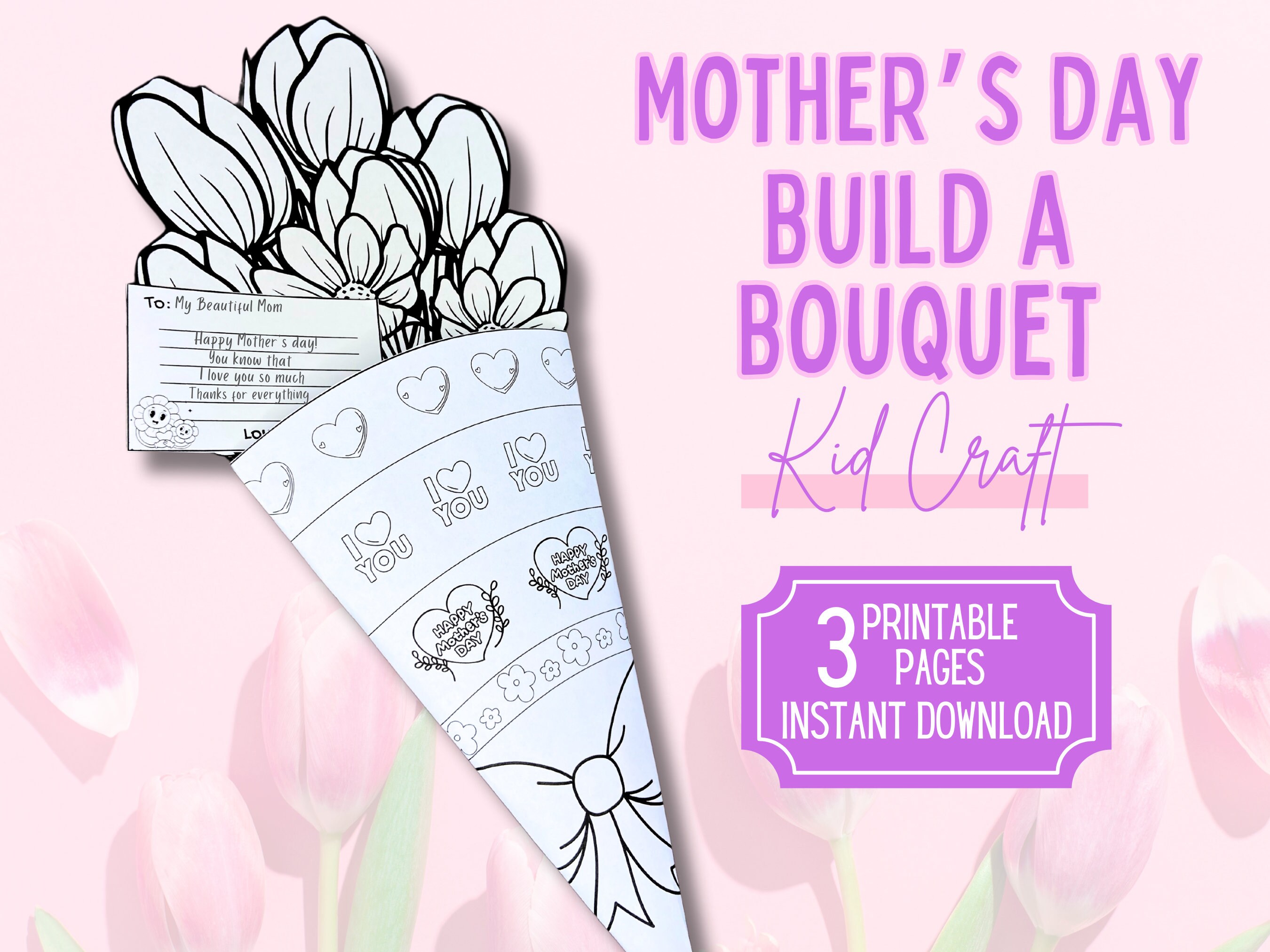 Printable Mothers Day Flower Craft Kit DIY Paper Bouquet PDF, Easy Kids ...